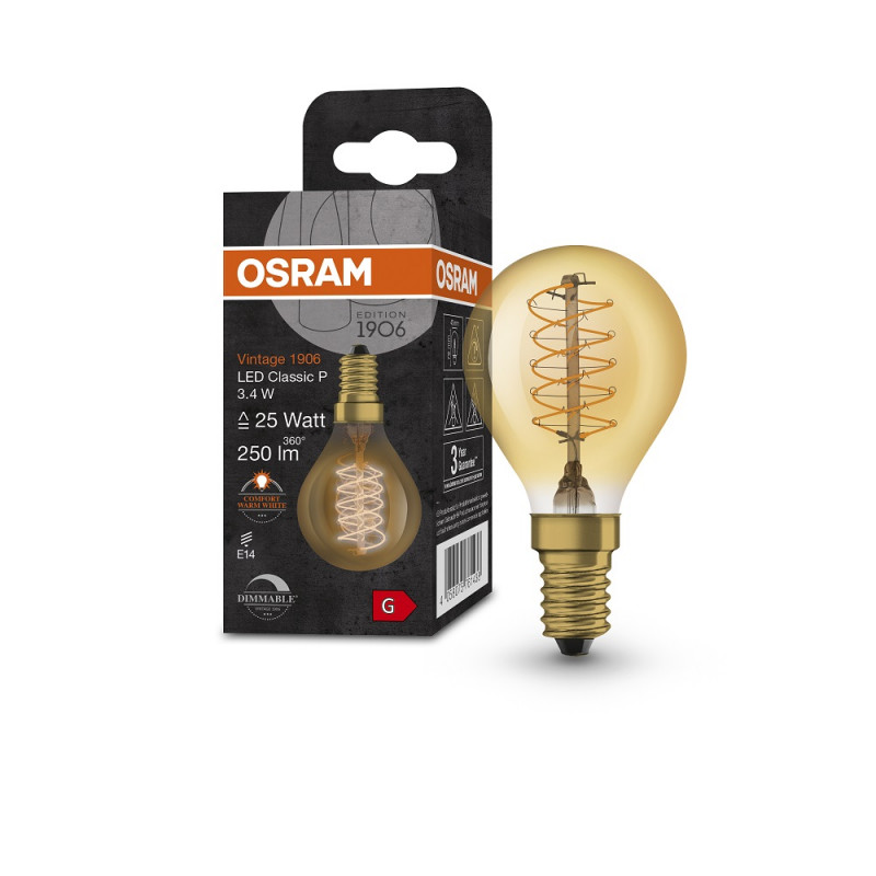 Ampoule LED filament 3.4W Vintage Edition 1906 Sphérique E14 Doré OSRAM | Comptoir des Lustres