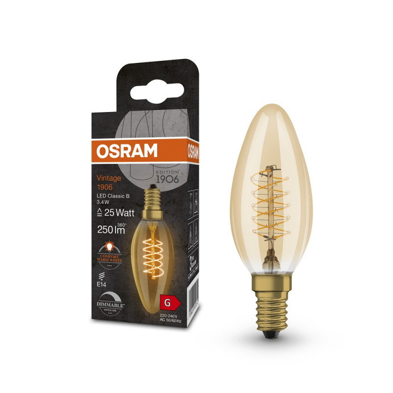 Ampoule LED filament 3.4W Vintage Edition 1906 Flamme E14 Doré OSRAM | Comptoir des Lustres