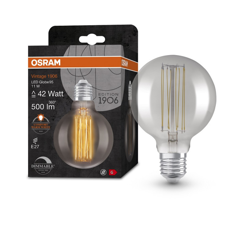 Ampoule LED filament Vintage Edition 1906 Globe 95mm 11W Fumé OSRAM | Comptoir des Lustres