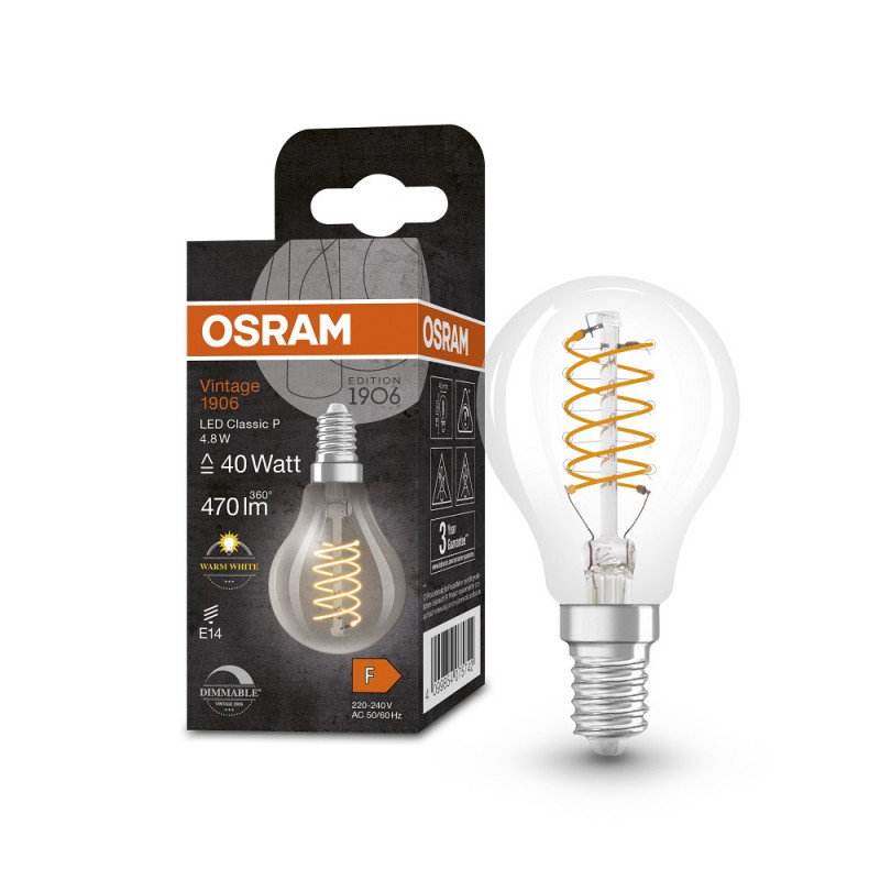 Ampoule LED filament 4.8W Vintage Edition 1906 Sphérique E14 Clair OSRAM | Comptoir des Lustres