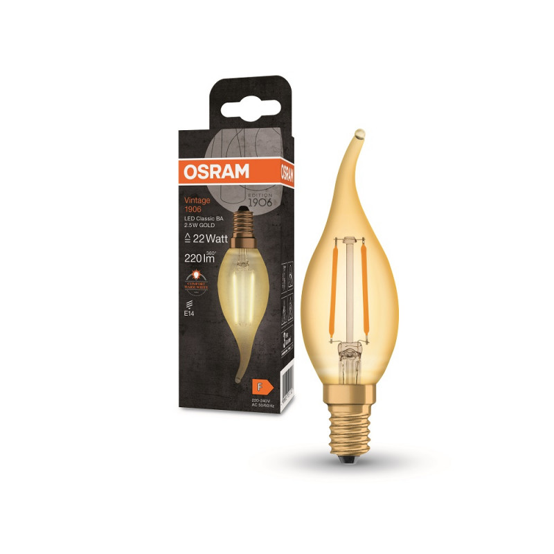 Ampoule LED filament Vintage Edition 1906 Flamme Coup de vent 2.5W Doré OSRAM | Comptoir des Lustres
